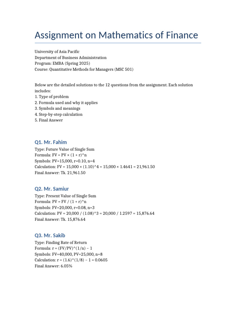Mathematics of Finance Solutions Guide | PDF | Present Value | Applied ...