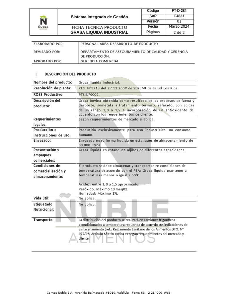 Ficha Técnica Grasa Líquida Industrial | PDF