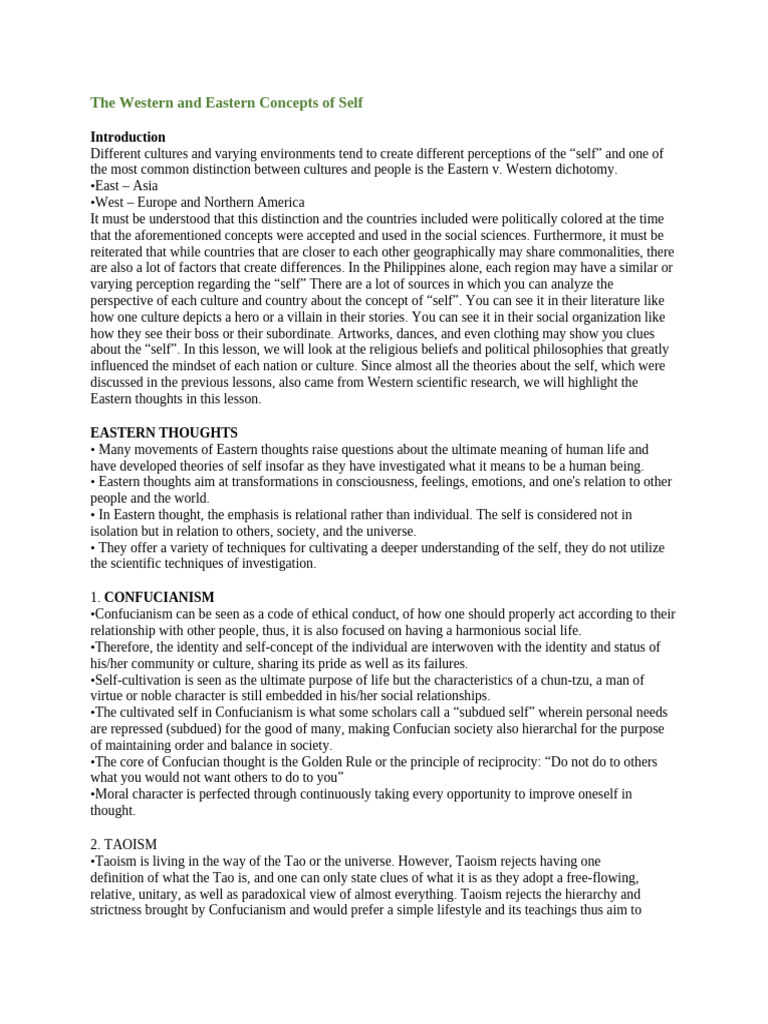 LECTURE Handouts The Western and Eastern Concepts of Self | PDF ...