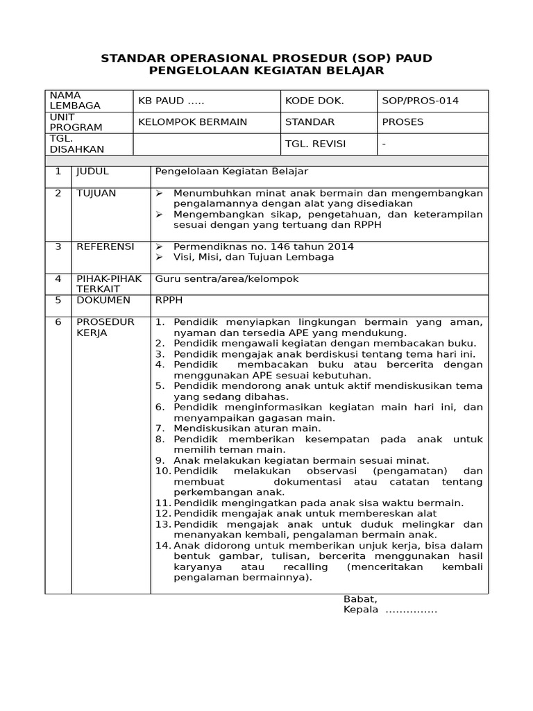 SOP Pengelolaan Kegiatan Belajar PAUD | PDF