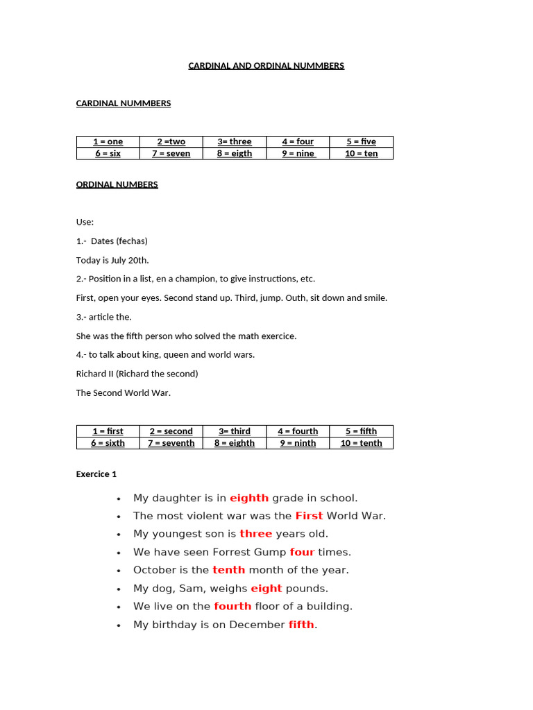 CARDINAL AND ORDINAL NUMMBERS and Exercices | PDF