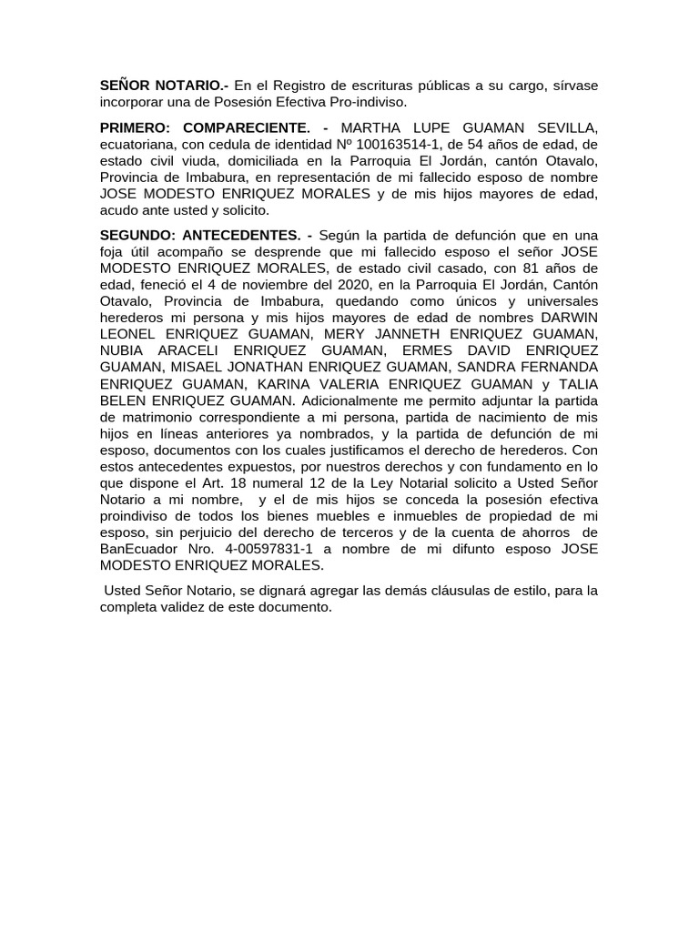 Posesión Efectiva Pro-indiviso en Ecuador | PDF