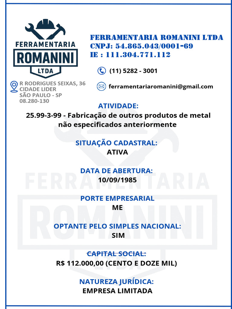Informações da Ferramentaria Romanini LTDA | PDF