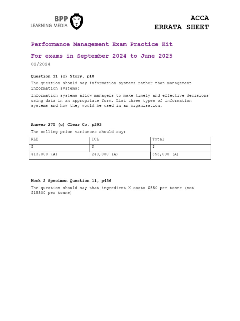 ACCA Performance Management Errata 2024 | PDF