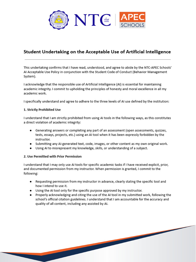 Student Undertaking On The Acceptable Use of Artificial Intelligence ...