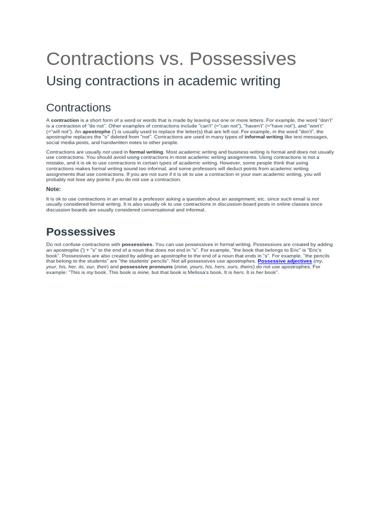 Contractions Vs - Possessives | PDF