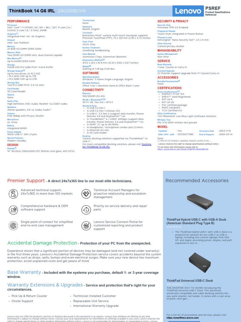 Lenovo ThinkBook 14 G6 IRL Specs | PDF | Computer Architecture ...