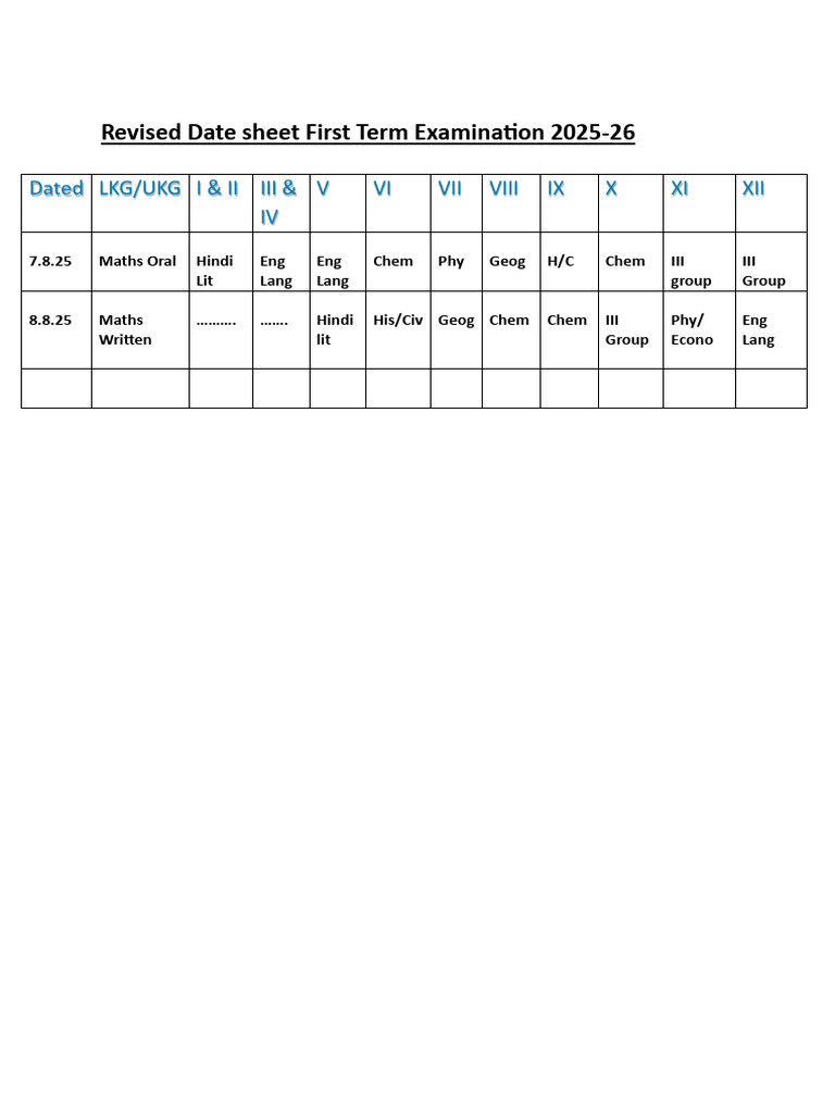 Revised Date Sheet First Term Examination 2025 | PDF