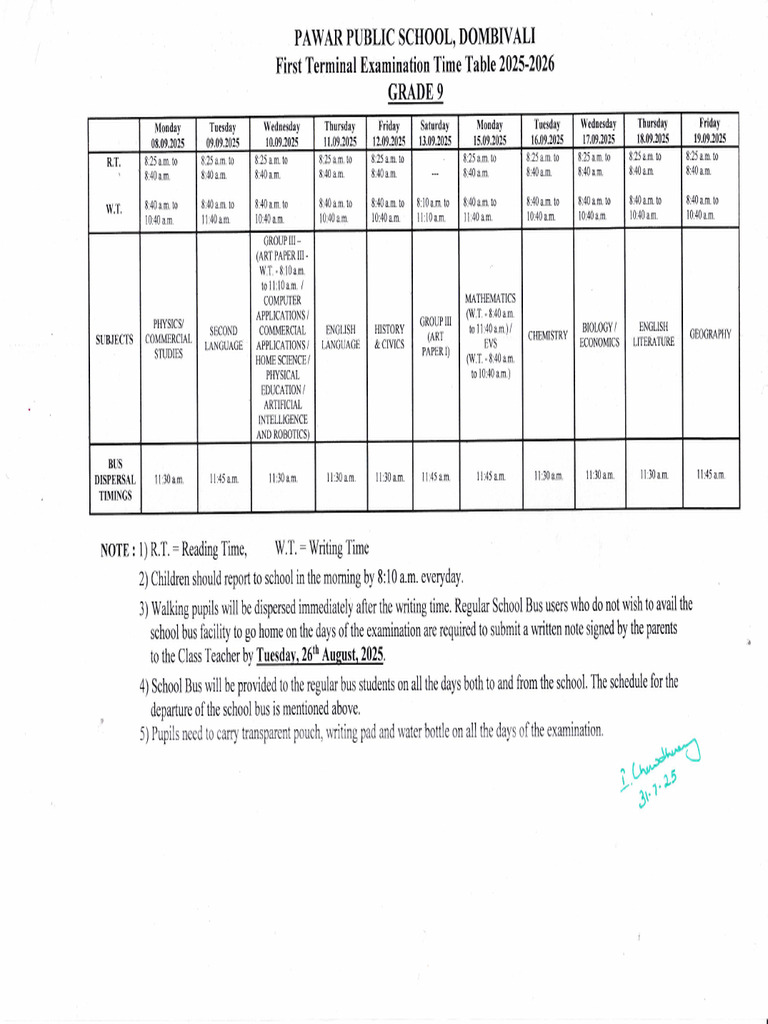 Grade 9 First Term Exam Timetable and Portion 2025-26!31!07 2025 | PDF | Chemistry