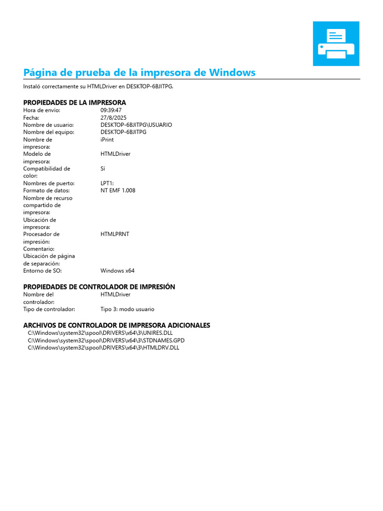 Página de prueba de impresora HTMLDriver | PDF