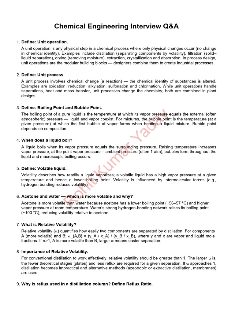 Chemical Engineering Questions Answers | PDF | Distillation | Mole (Unit)