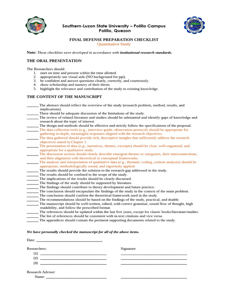 Final Defense Checklist for Researchers | PDF | Qualitative Research | Data