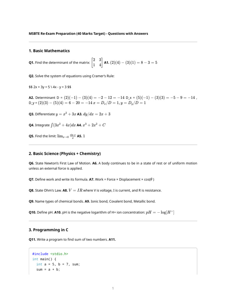 Msbte Reexam Questions Answers | PDF | Algebra | Linear Algebra