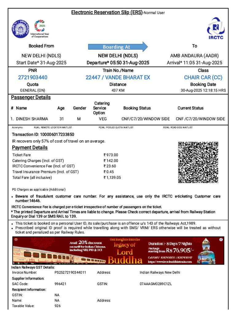 2721903440 Vande Bharat Train Ticket | PDF | Identity Document | Payments