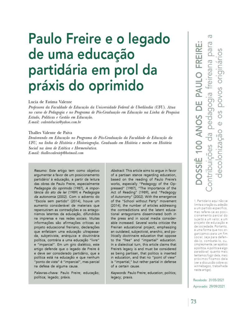 Lucia de Fatima Valente; Paiva, Thalles Valente de - Paulo Freire e o ...