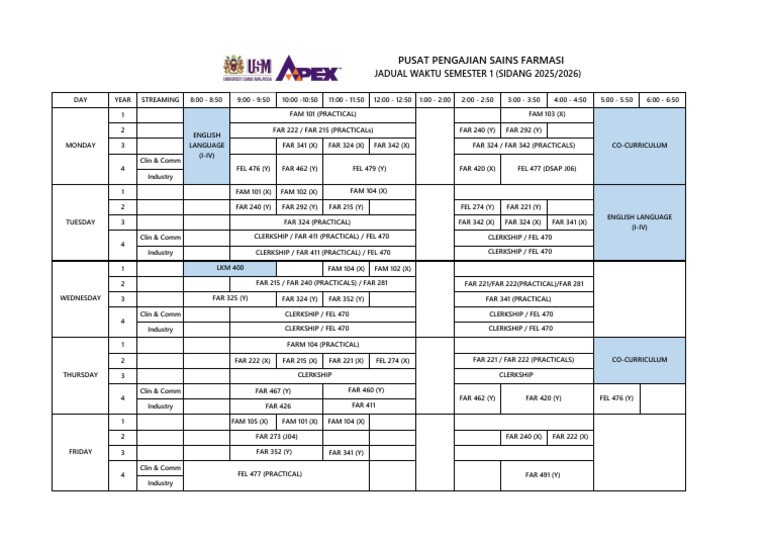 BPharm Timetable (Sem 1) 2025-2026 - v1 | PDF