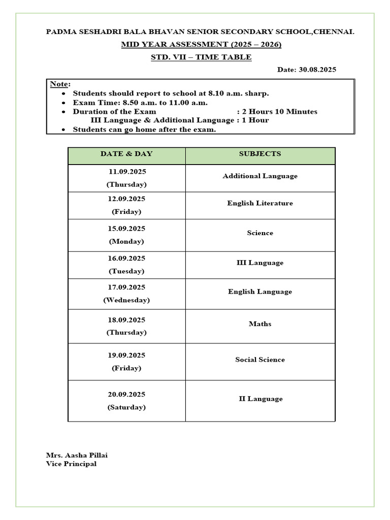 STD - VII - Mid Year Assessment Time Table & Portions 2025-26 | PDF ...
