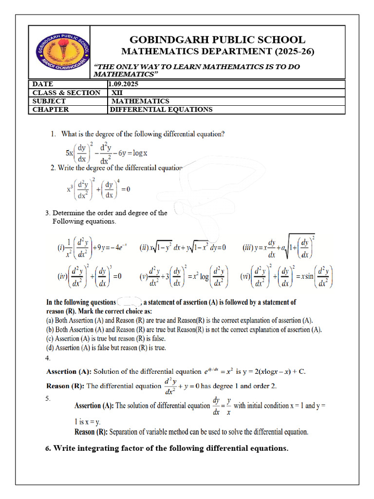 Differential Equations Exercises for XII | PDF