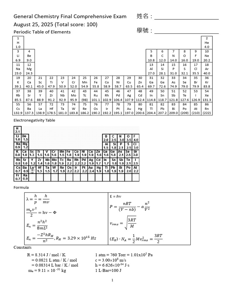 Chem1 - Final Ans v2 | PDF | Intermolecular Force | Gases