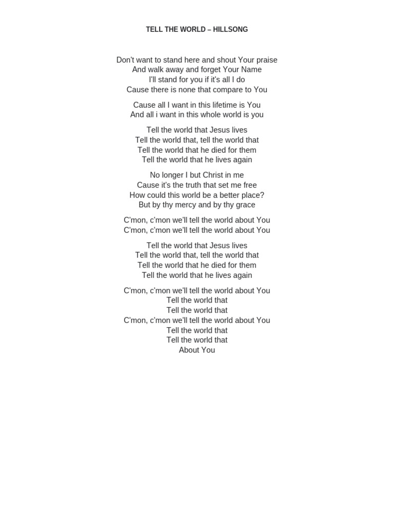 Tell the World: Hillsong Lyrics | PDF