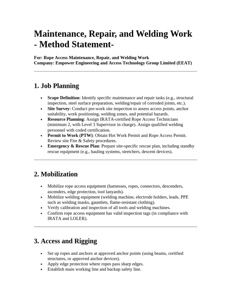 Rope Access Welding Method Statement | PDF | Welding | Construction