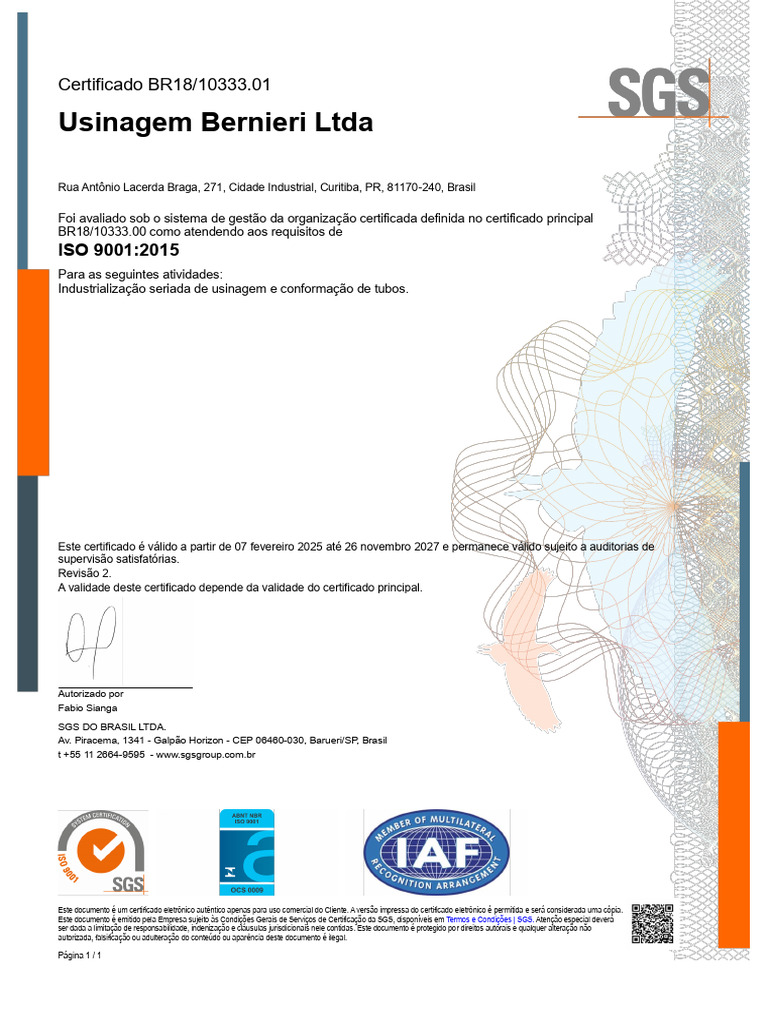 SGS - Iso 9001 - 2015 - BRRS1 - 000001 - PT | PDF