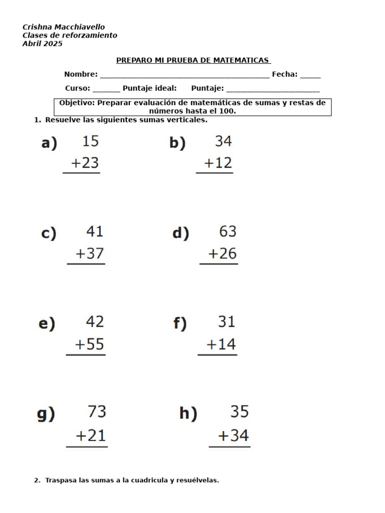 Matematicas - Sumas y Restas Hasta El 100 | PDF