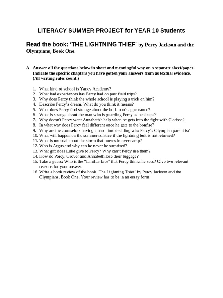 Key Questions on 'The Lightning Thief' | PDF