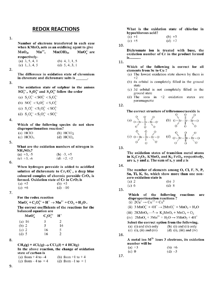 Redox Reactions Practice | PDF