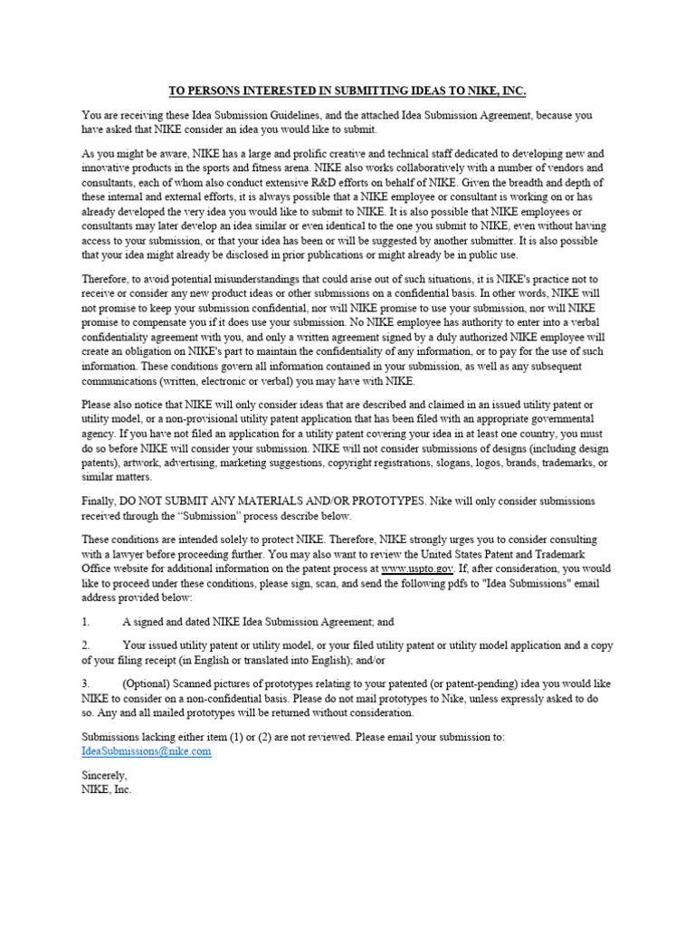 Nike Idea Submission Guidelines | PDF | Patent | Glossary Of Patent Law ...
