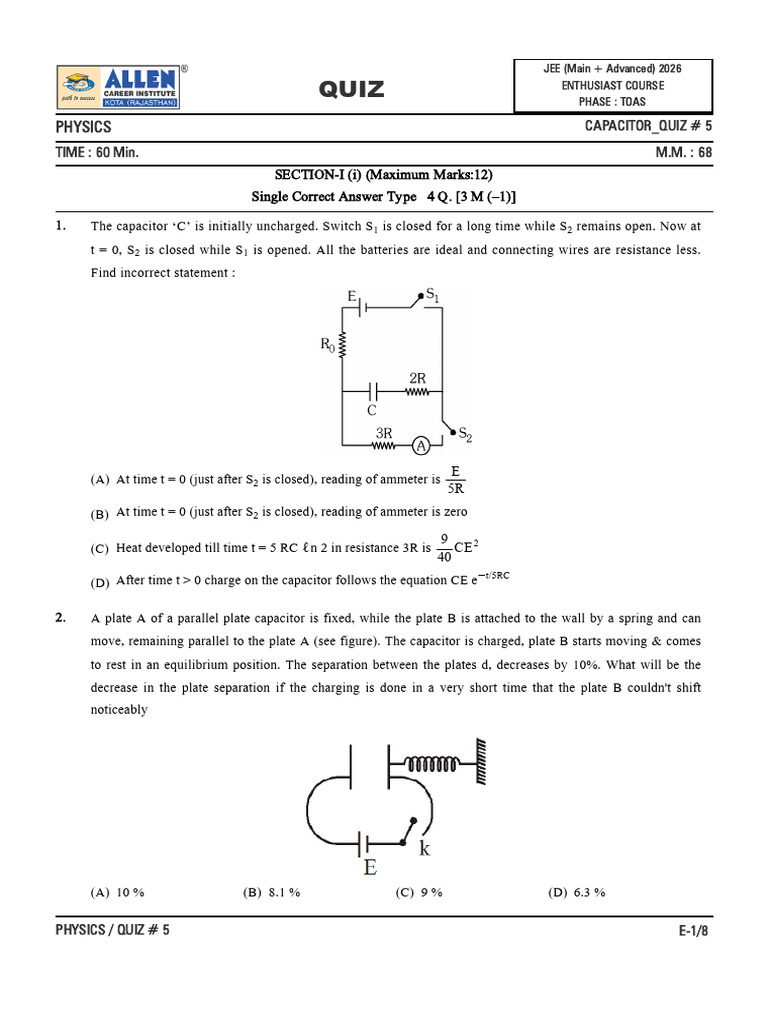 05 - Quiz (Capacitor) (TOAS) - Eng - 1001PJA106216250168 | PDF ...