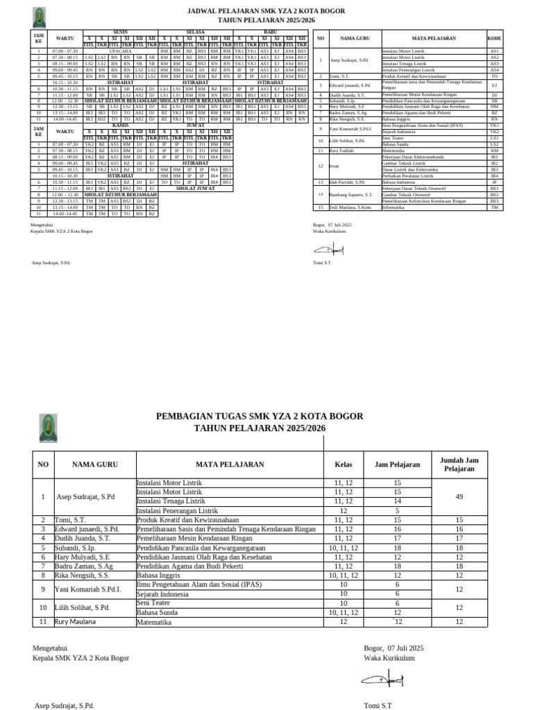 Jadwal Pelajaran 2024 - 2025 Ket Guru Smk Yza 2 | PDF