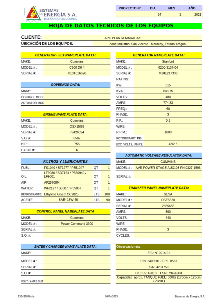 Hoja de Datos Tecnicos QSX15G9-APC Maracay | PDF