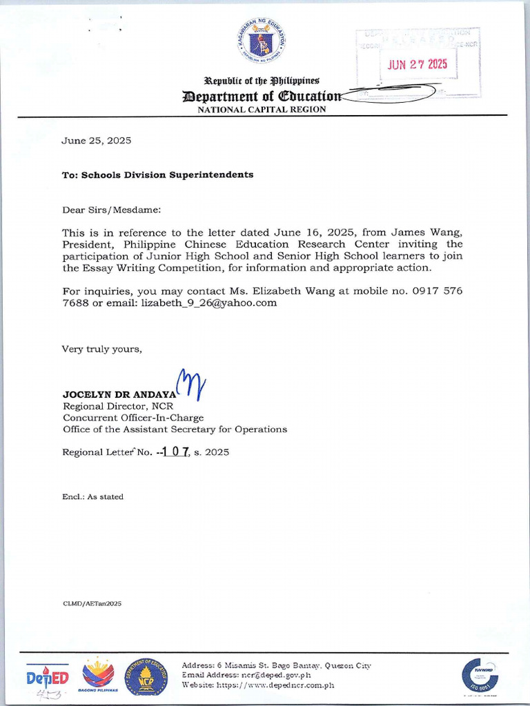 Regional Letter No. 107 S. 2025 Letter From James Wang Essay Writing ...