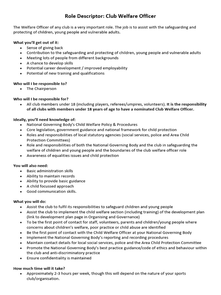 Club Welfare Officer Role Overview | PDF | Child Protection | Social ...