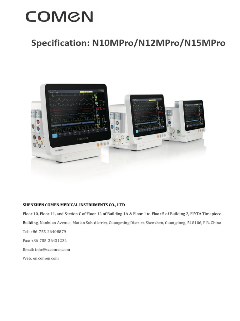 Comen N10MPro Patient Monitor Specs | PDF | Blood Pressure | Heart