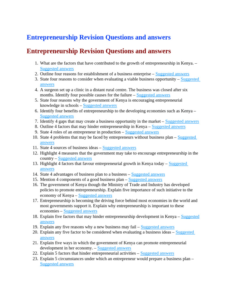 Entrepreneurship Revision Q&A Guide | PDF | Entrepreneurship | Economies