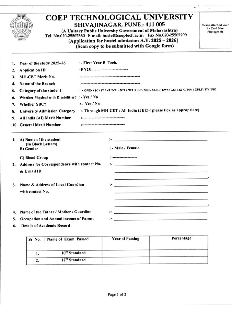 Hostel Application Form | PDF