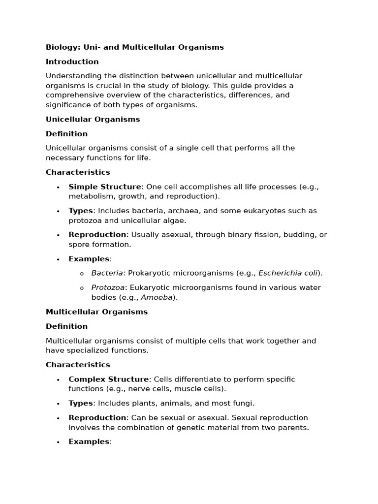 Unicellular and Multicellular Biology Notes | PDF | Cell (Biology ...