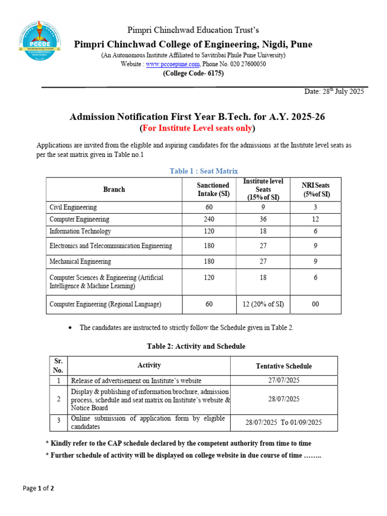 PCCoE B.Tech Admission 2025-26 Notification | PDF | Computing