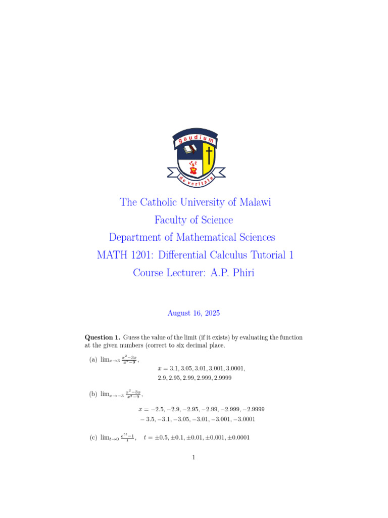 Tutorial 1 Differential Calculus | PDF