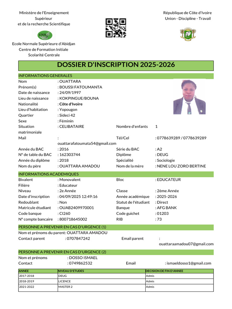 Dossier d'inscription ENS 2025-2026 | PDF | Niveaux d'enseignement ...