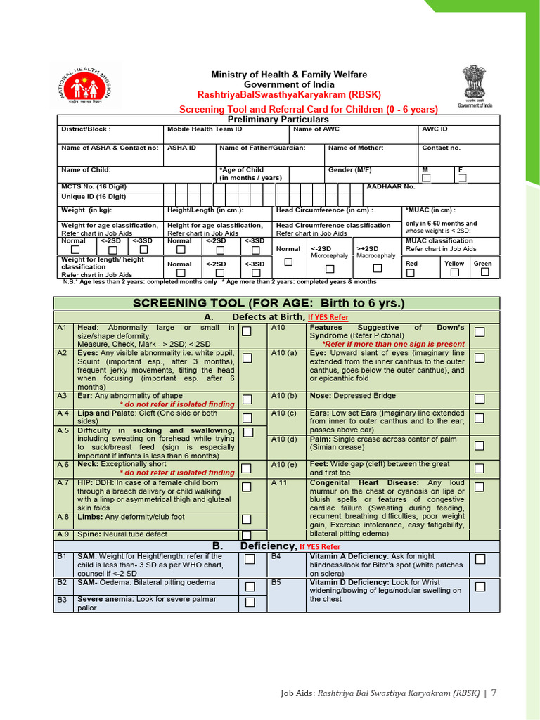 RBSK Screening Tool for Children 0-6 | PDF