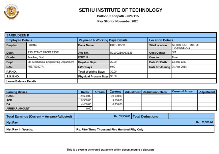 November 2020 Pay Slip - Sethu Institute | PDF