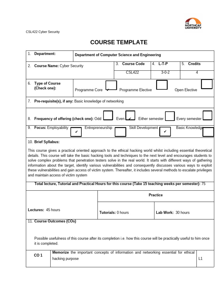 CSL422+Cyber+Security Syllabus 1 | PDF | Security | Computer Security