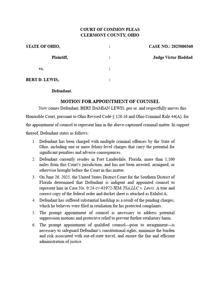 25.06.30 - Motion To Appoint Counsel | PDF | Arraignment | Prosecutor