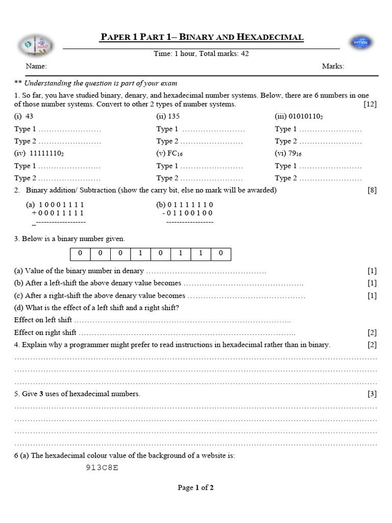 Binary and Hexadecimal Conversion Exam | PDF | Mathematical Notation ...