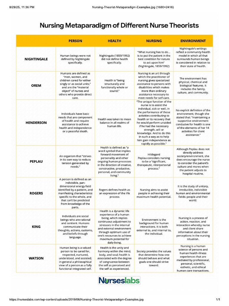 Abridged and Summarized Tabular Presentation of Nursing Theorists ...