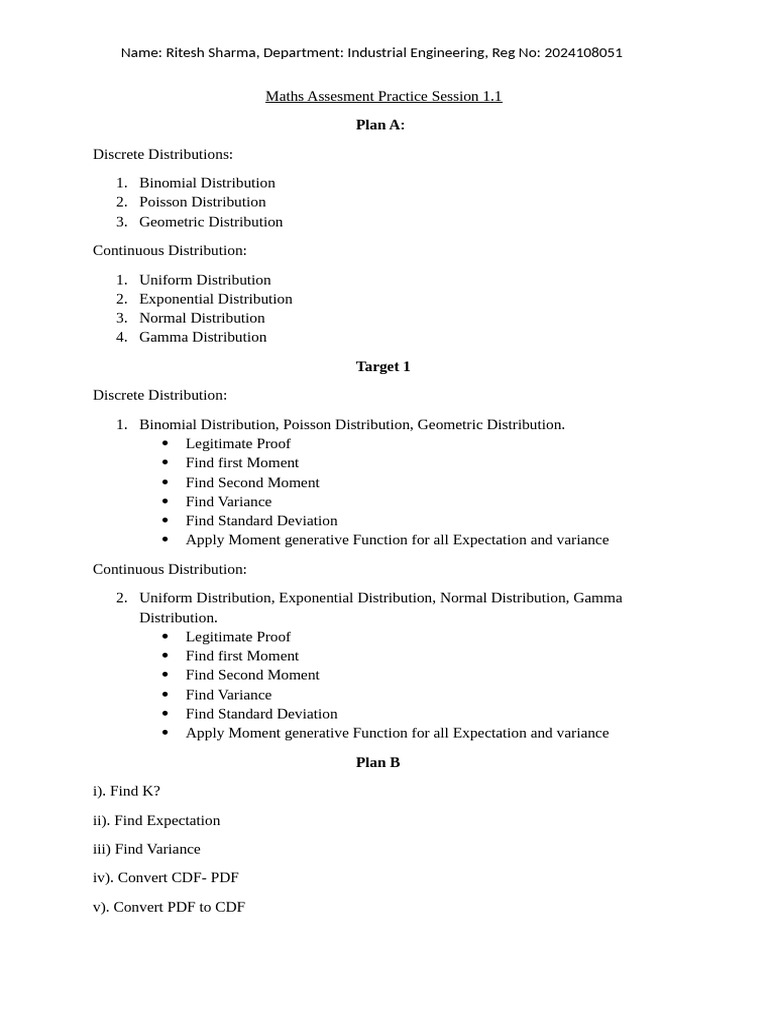 Maths Assesment Practice Session 1 | PDF | Probability Distribution | Variance