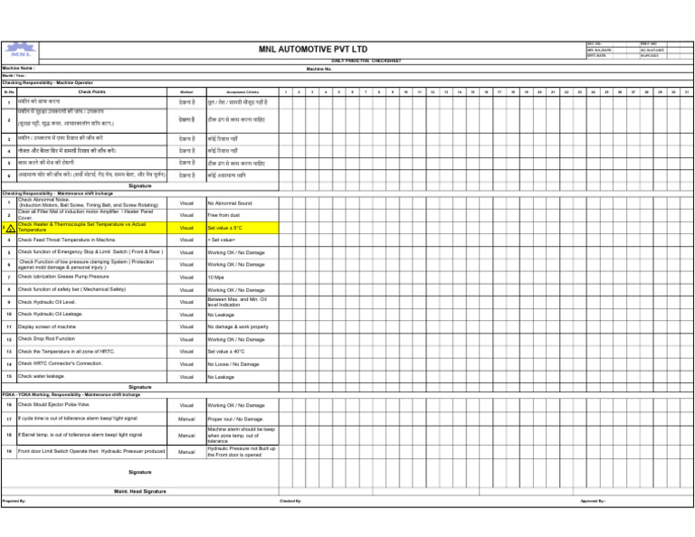 Daily Machine Check Sheet | PDF | Manufactured Goods | Equipment